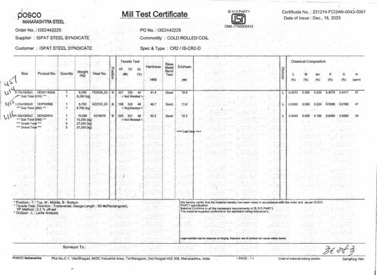 Posco: Test Certificate | PDF