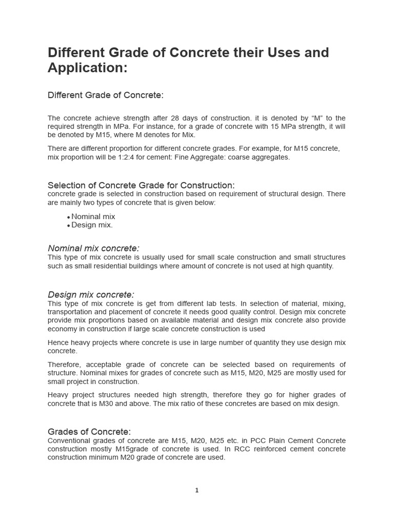 Different Grade of Concrete Their Uses and Application | PDF | Concrete ...