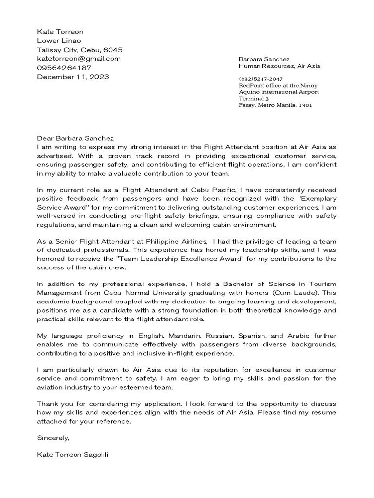 Cover Letter | PDF | Flight Attendant | Aviation