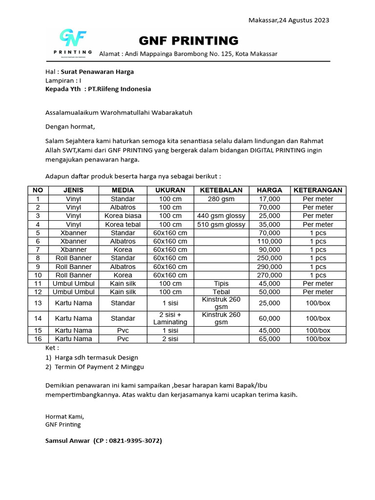 Surat Penawaran GNF 1 | PDF