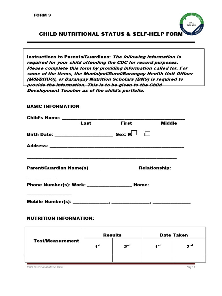 NCDC-3 Child Nutritional Status Form A4 | PDF | Eating | Meal