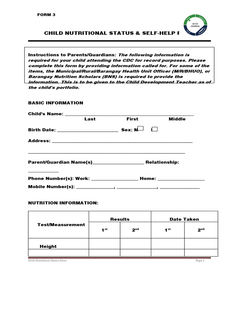 NCDC-3 Child Nutritional Status Form Long | PDF | Eating | Meal
