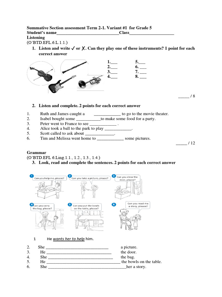 Grade 5 Listening & Grammar Assessment | PDF