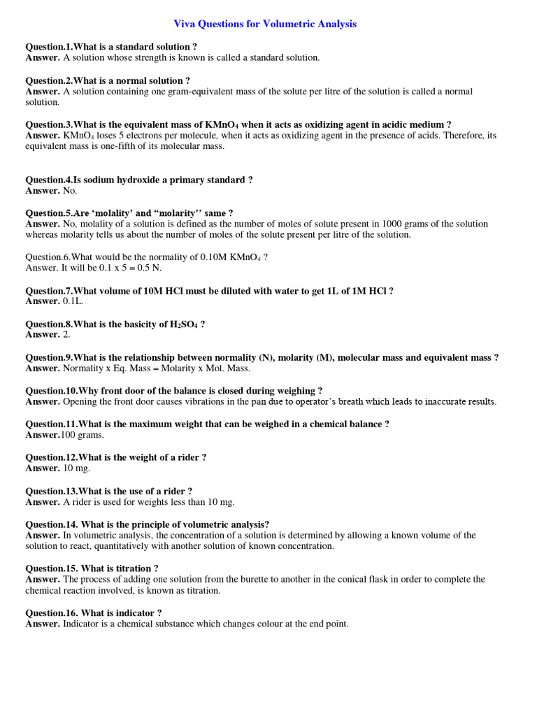 Volumetric Analysis Viva Questions | PDF | Chemistry | Titration