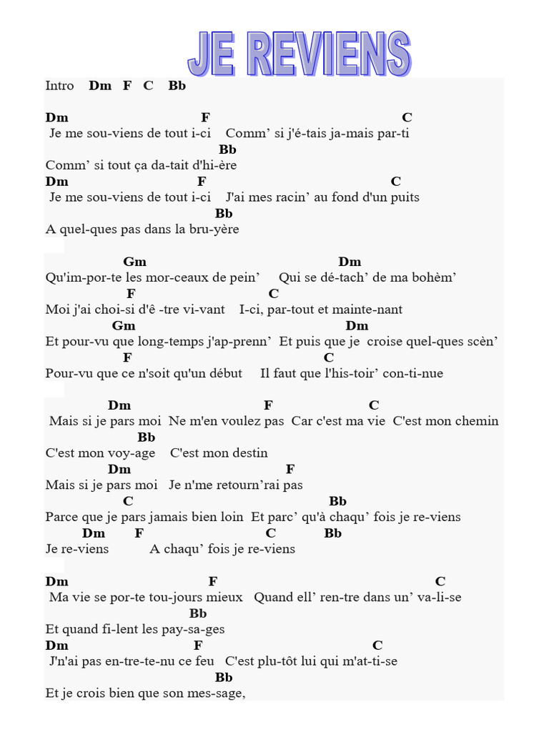 Je reviens te chercher - Paroles et accords | PDF