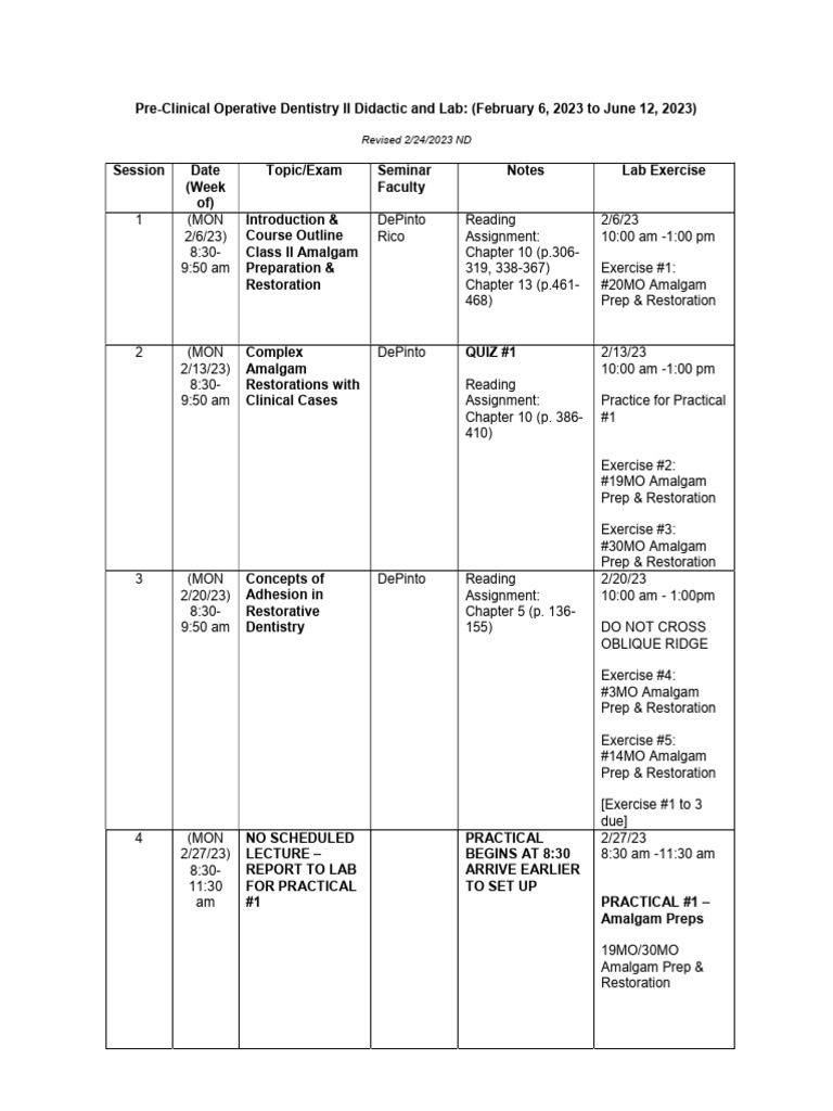 Combined Schedule Weekly - Preclinical Operative II Didactic | PDF
