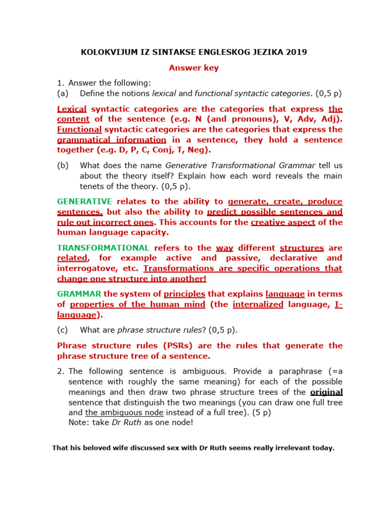 English Syntax Exam 2019 Key | PDF | Phrase | Linguistic Typology