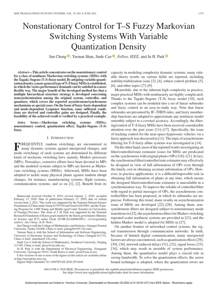 Nonstationary Control For TS Fuzzy Markovian Switching Systems With Variable Quantization ...