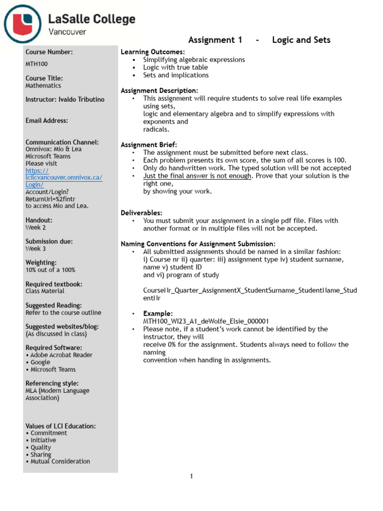 Assignment 1 - MTH100 Week 1 - Logic Sets | PDF | Mathematics