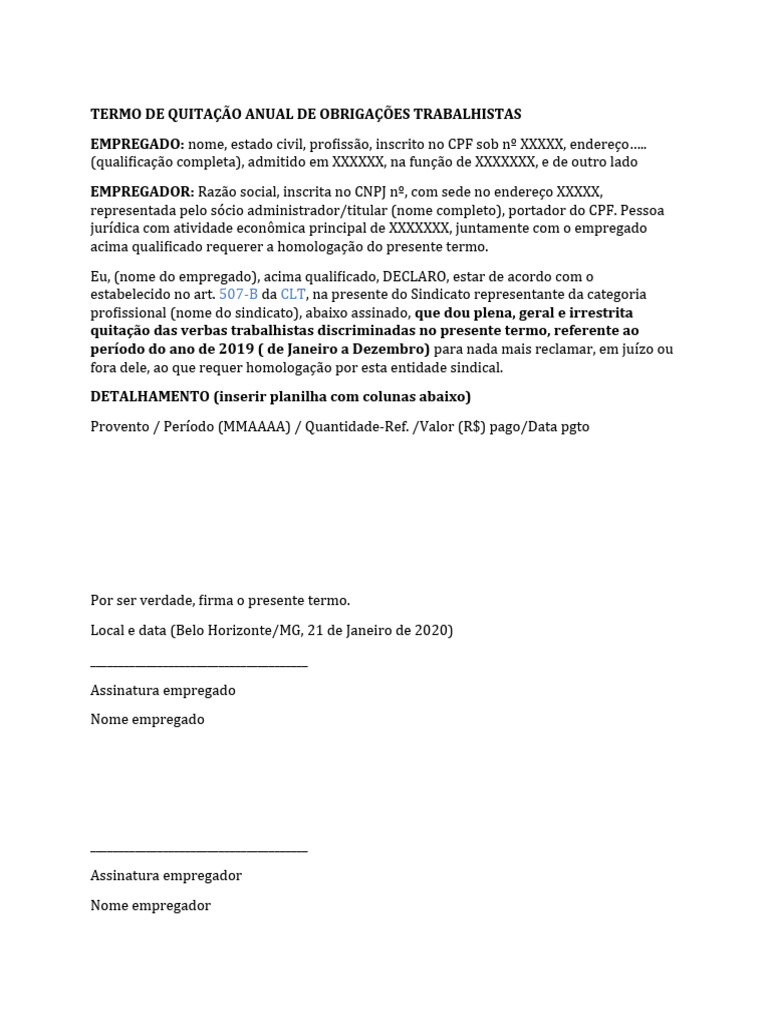 Termo de Quitacao Anual de Obrigacoes Trabalhistas Art 507 B Da CLT | PDF