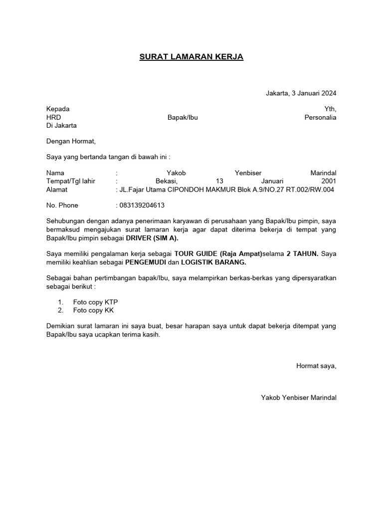 Surat Lamaran Kerja Driver | PDF