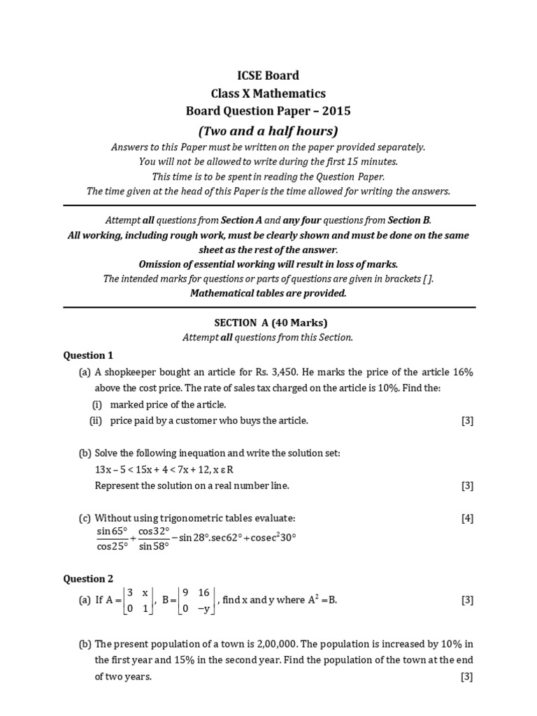 ICSE Class 10 MATHS Previous Year Question Paper 2015 | PDF | Prices | Business