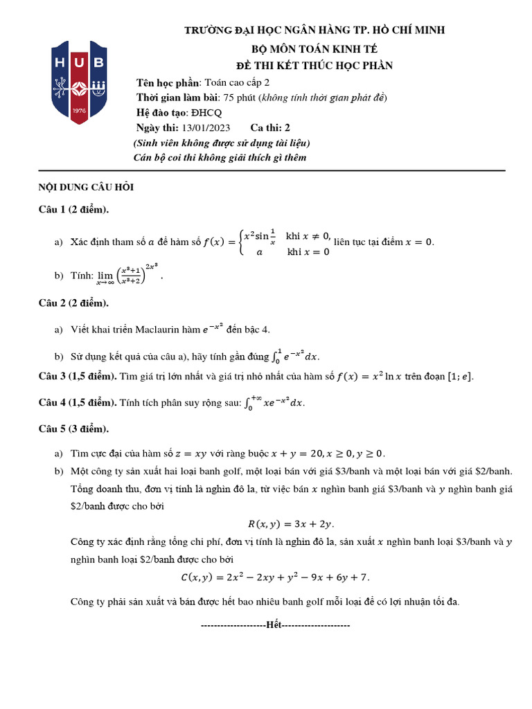 Đề thi TCC2 - Ca2 - 13 1 2023 | PDF
