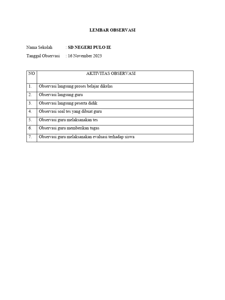 LEMBAR OBSERVASI DI SD | PDF