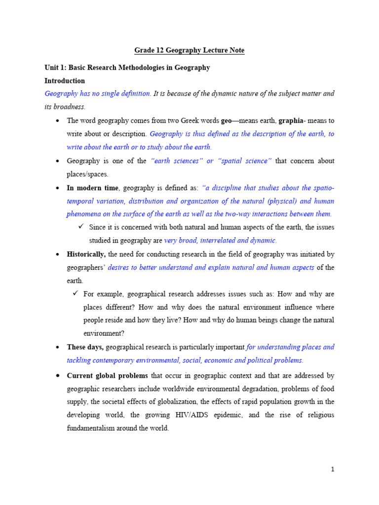 Unit 1-Lecture Note | PDF | Geography | Methodology