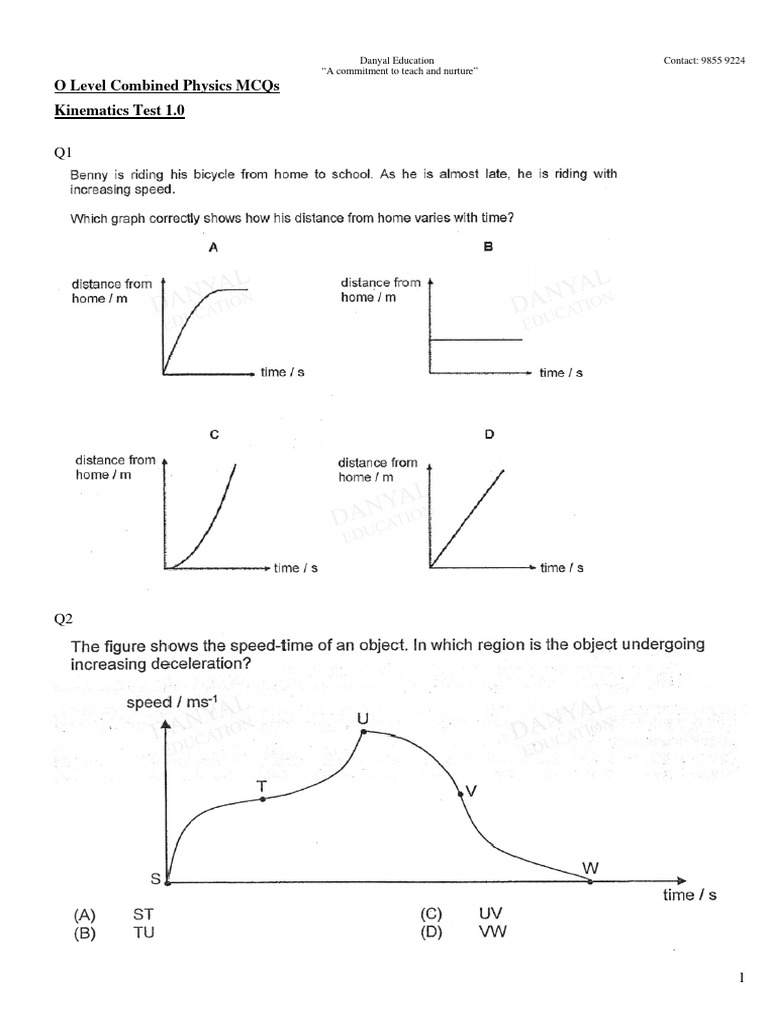 Combined Physics MCQs Kinematics Test 1.0 | PDF