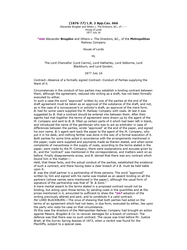 Brogden v Metropolitan Railway (1877) | PDF | Judiciaries | Common Law