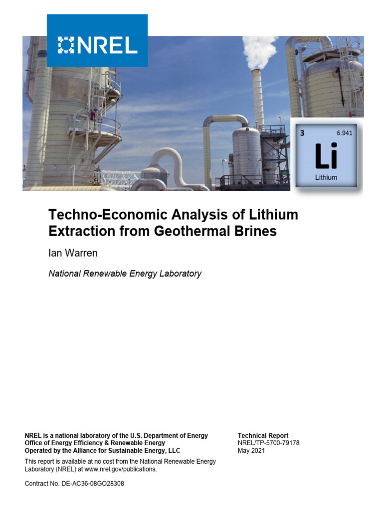 Techno-Economic Analysis of Lithium Extraction From Geothermal Brines 2021 | PDF | Lithium ...