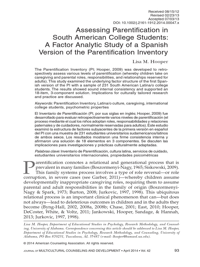 Hooper 2013 Spanish Version of The Parentification Inventory | PDF ...