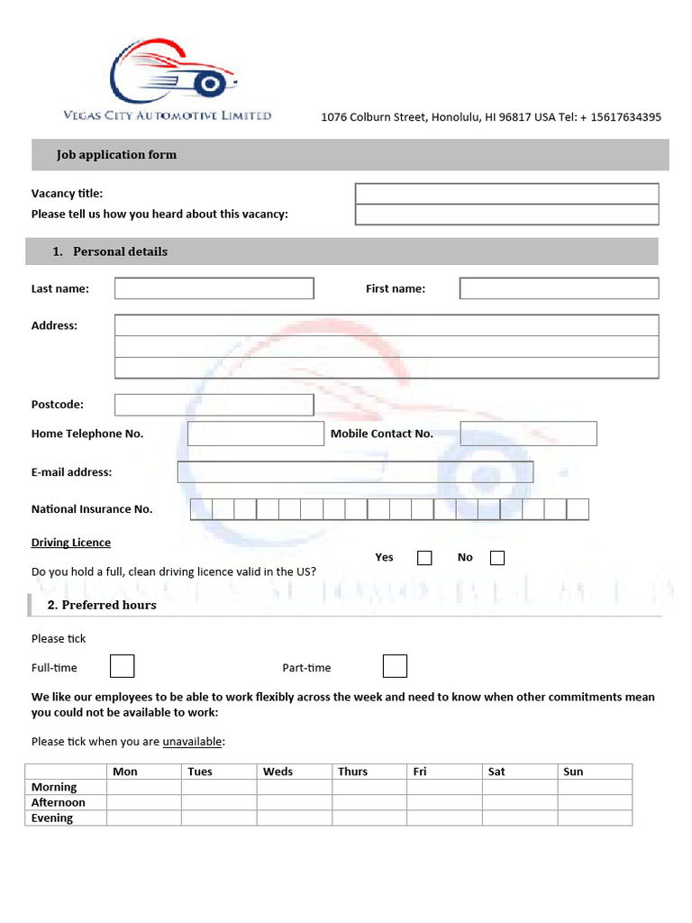 Job Application Form for VEGAS CITY AUTOMOTIVE | PDF | Justice | Crime ...
