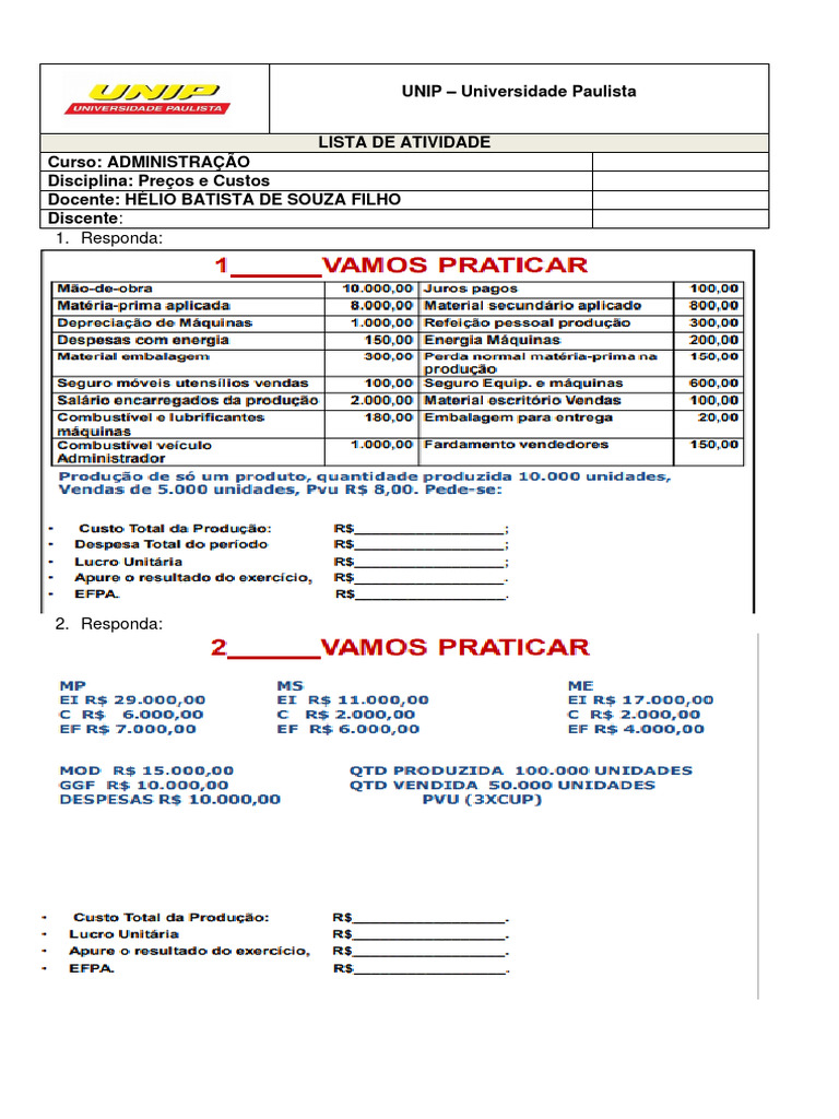 Lista de Atividades - Custos | PDF | Despesa | Impostos