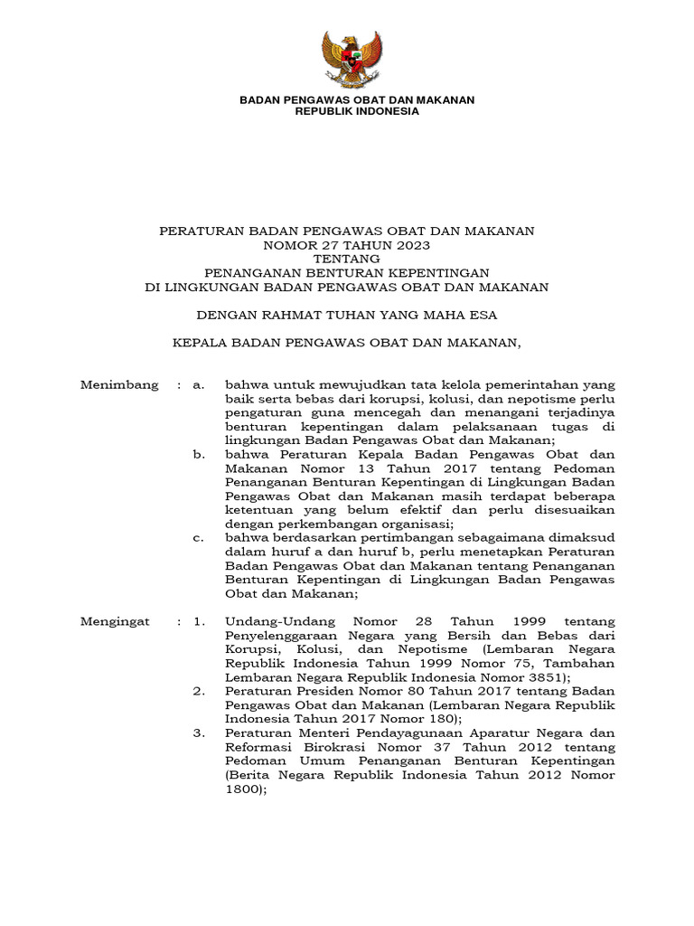 PerBPOM - NOMOR - 27 - TAHUN - 2023 Tentang Penanganan Benturan Kepenting Di Lingkungan BPOM | PDF