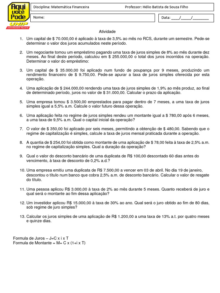 Exercícios de Juros Simples Resolvidos | PDF | Juros | Empréstimos