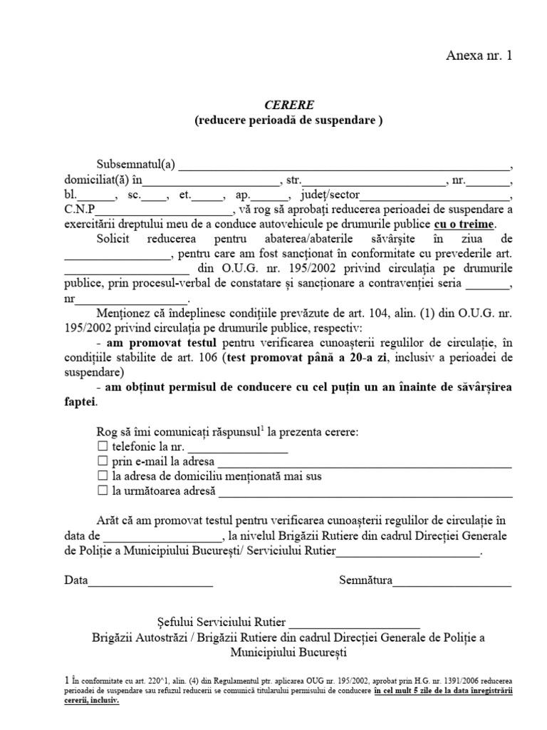 CERERE Anexa 1 - Cerere Reducere Perioada de Suspendare BH 2022 | PDF
