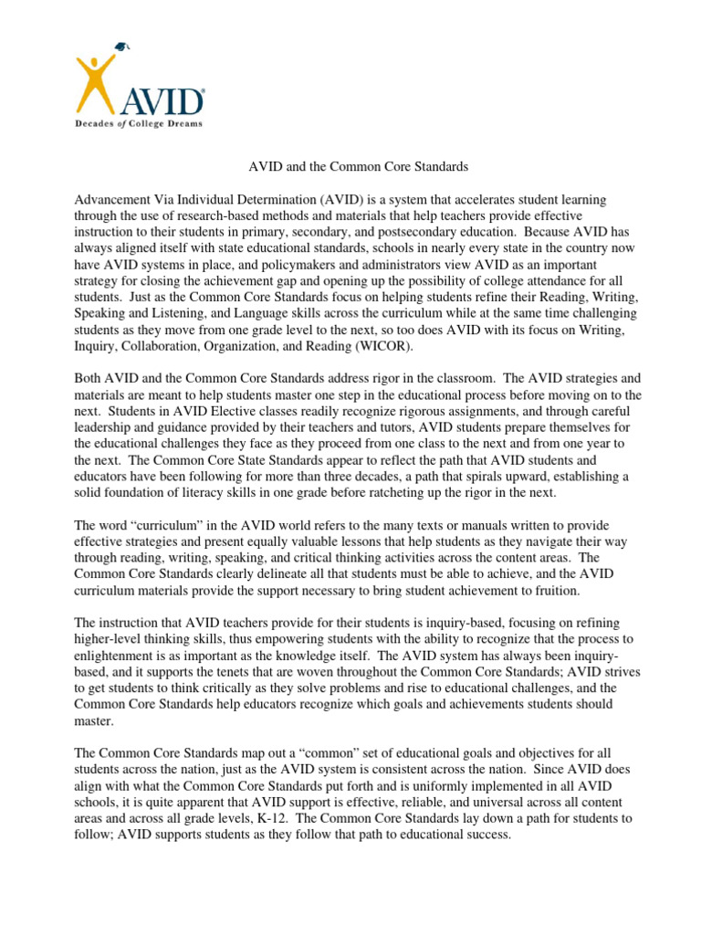 AVID's Role in Common Core Success | PDF | Curriculum | Education Theory
