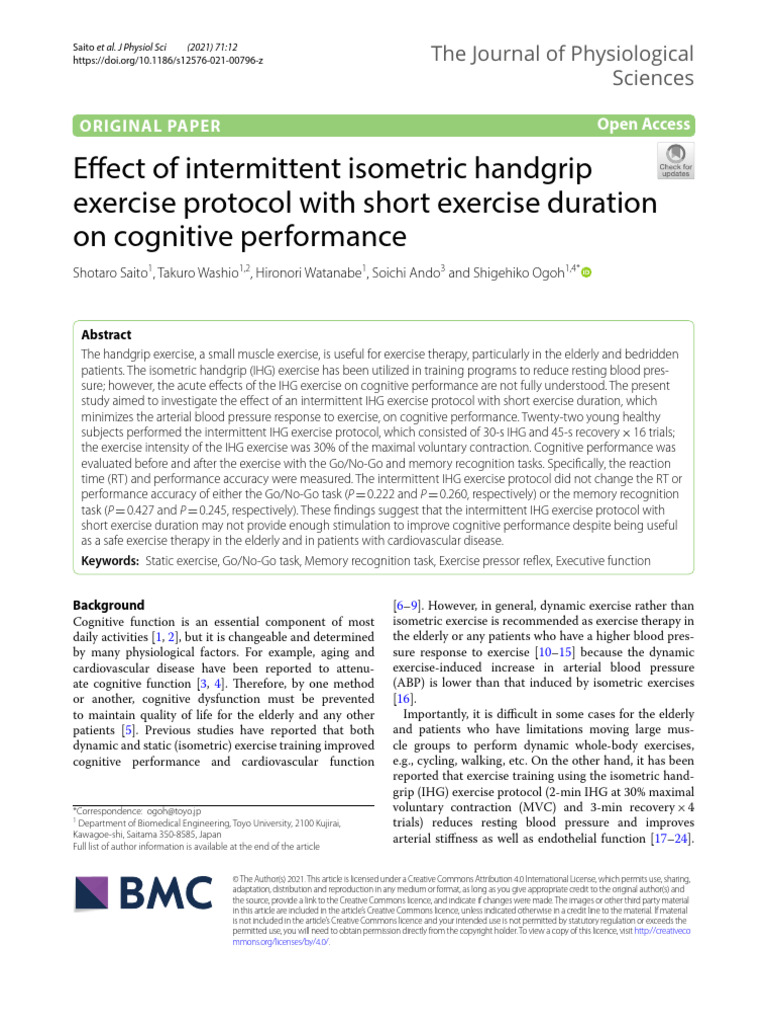 Effect of Intermittent Isometric Handgrip Exercise Protocol With Short Exercise Duration On ...
