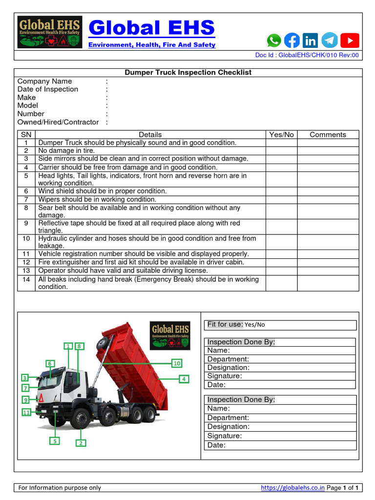 Dumper Truck Safety Inspection Checklist | PDF | Truck | Transport