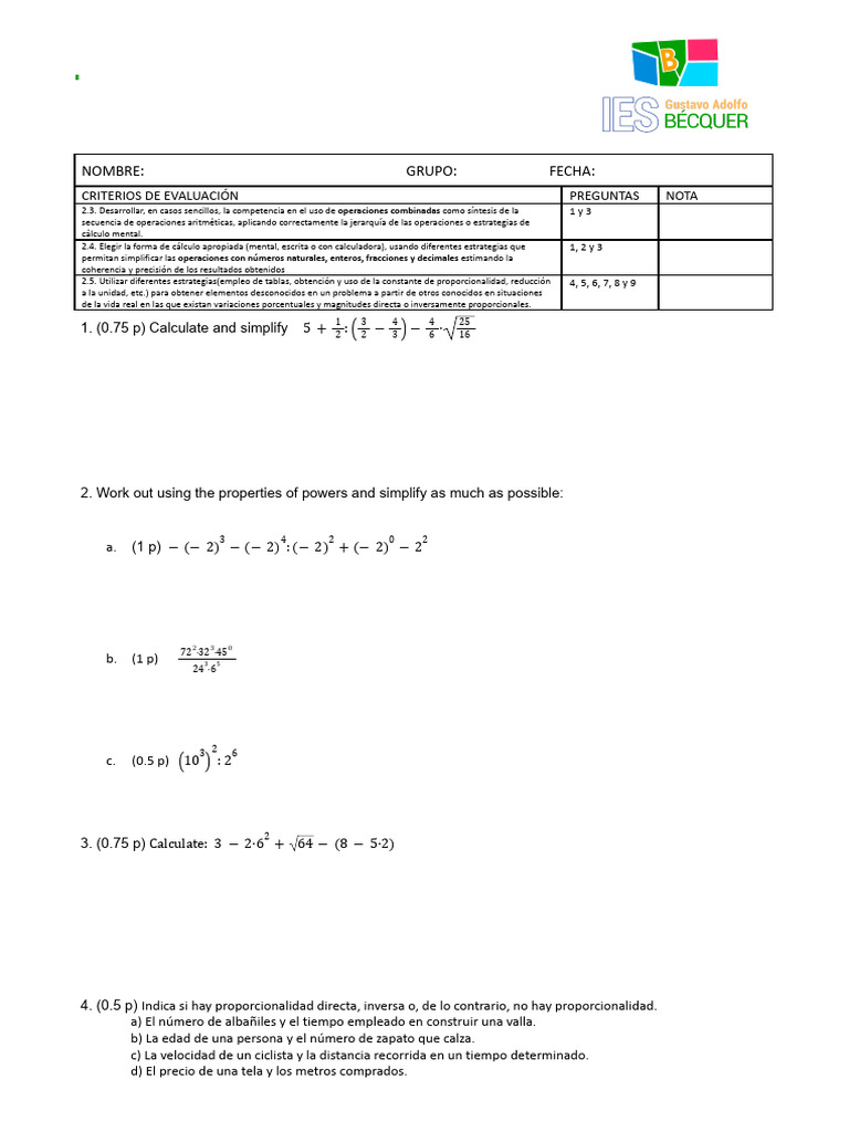Ex3 1ev 2eso | PDF | Matemáticas | Aritmética