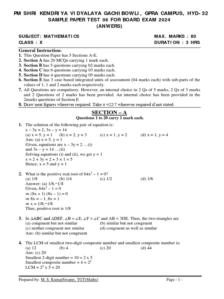 Maths Class X Sample Paper Test 06 For Board Exam 2024 Answers | PDF