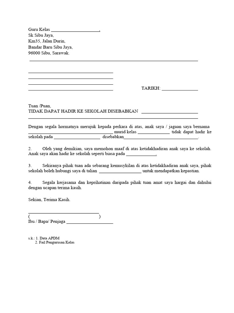 Contoh Surat Tidak Hadir Ke Sekolah Sebab Sakit | PDF