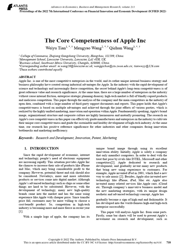 The Core Competentness of Apple Inc: Weiyu Tian Mengyao Wang Qichun ...