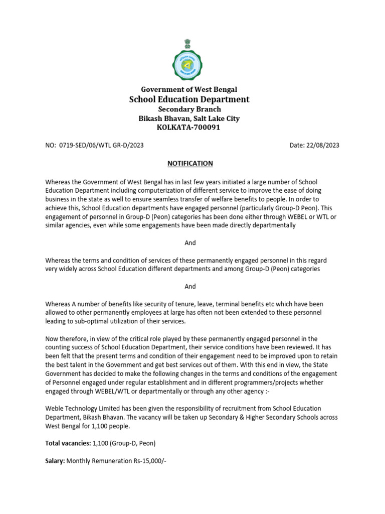 Webel School Peon Notification | PDF | Justice | Crime & Violence