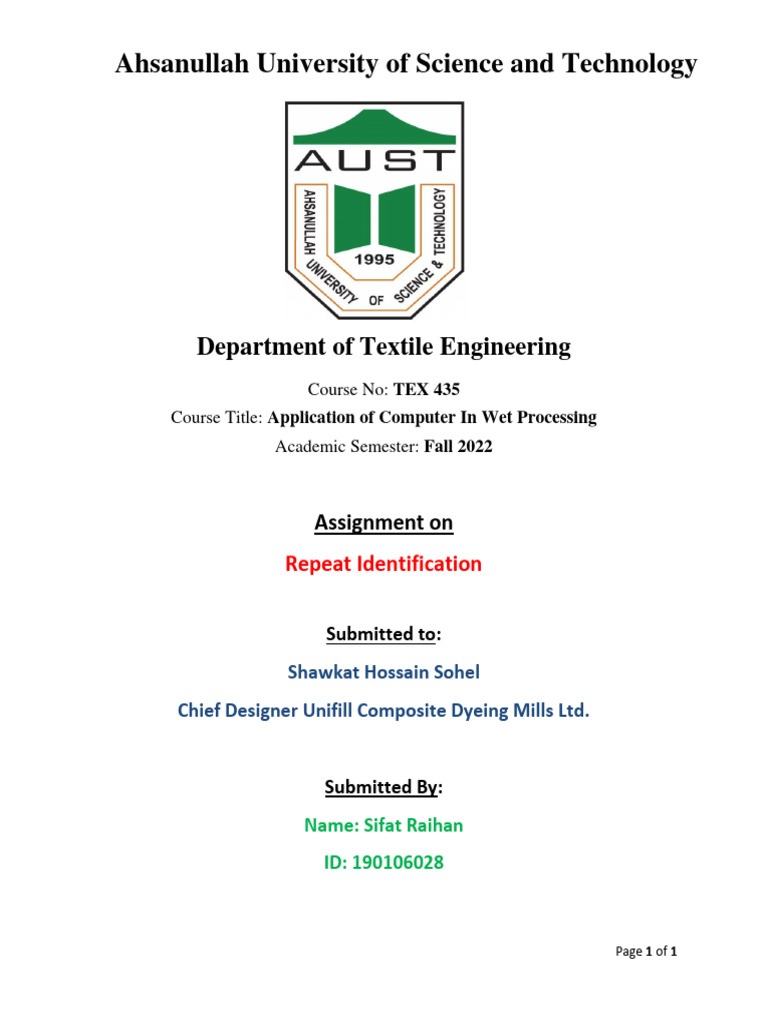 Ahsanullah University of Science and Technology: Department of Textile Engineering | PDF