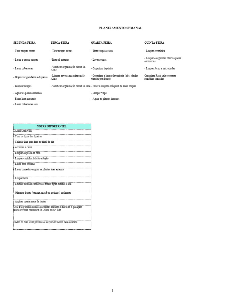 Planejamento Semanal Rotina Da Casa | PDF | Comidas e bebidas | Casa