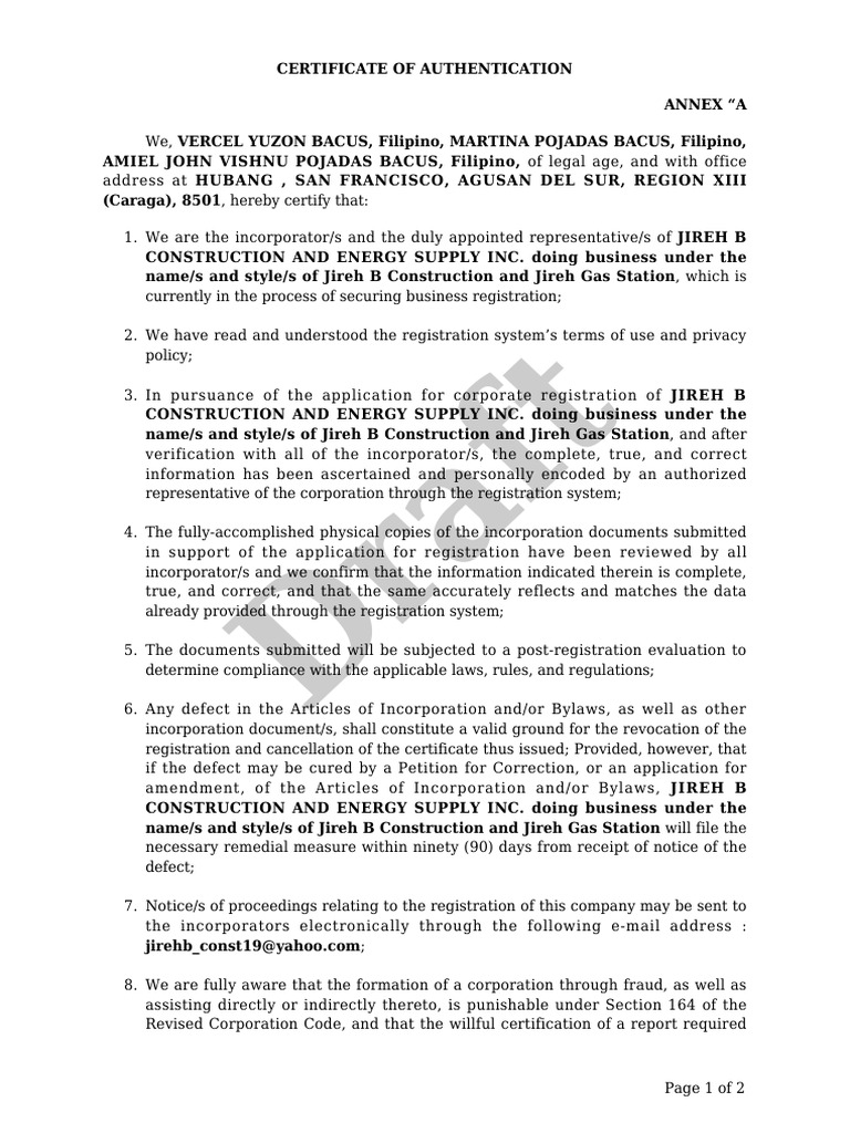Certificate of Authentication for Incorporation | PDF | Justice | Crime ...