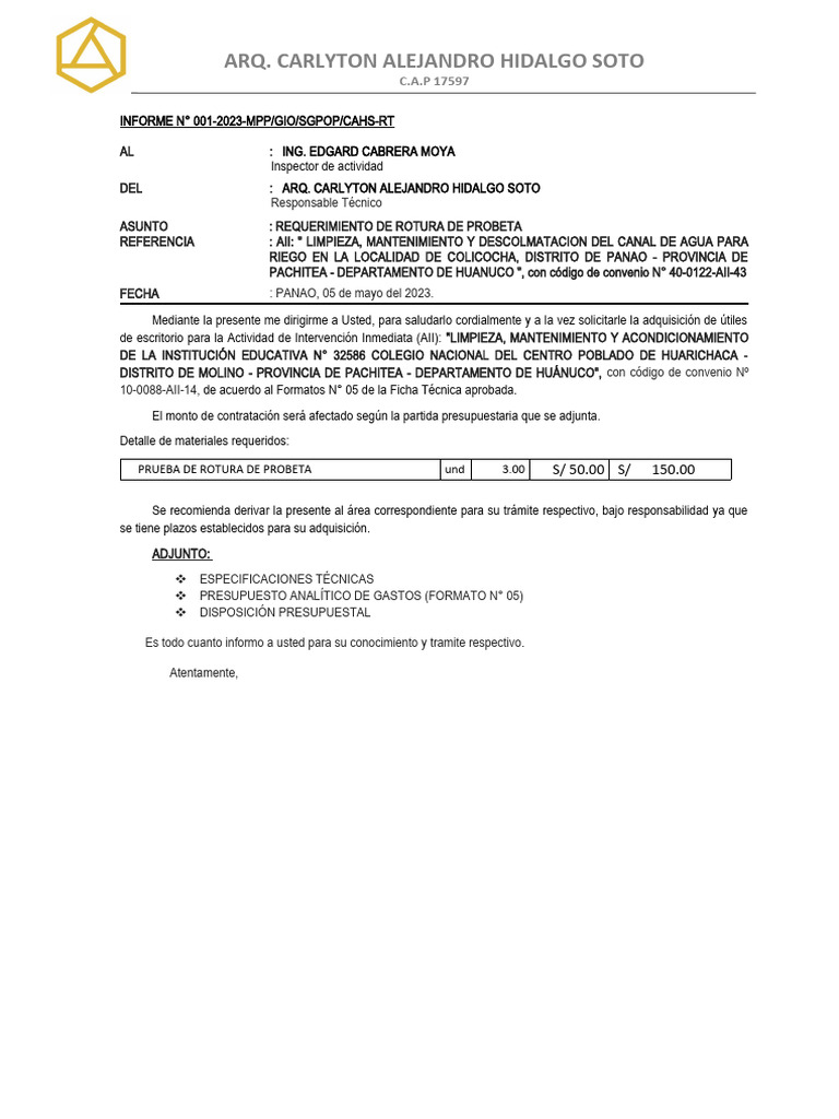 INFORME N°021-2023-MPP-REQ. Rotura de Probeta | PDF INFORME N°021-2023-MPP-REQ. Rotura de Probeta | PDF