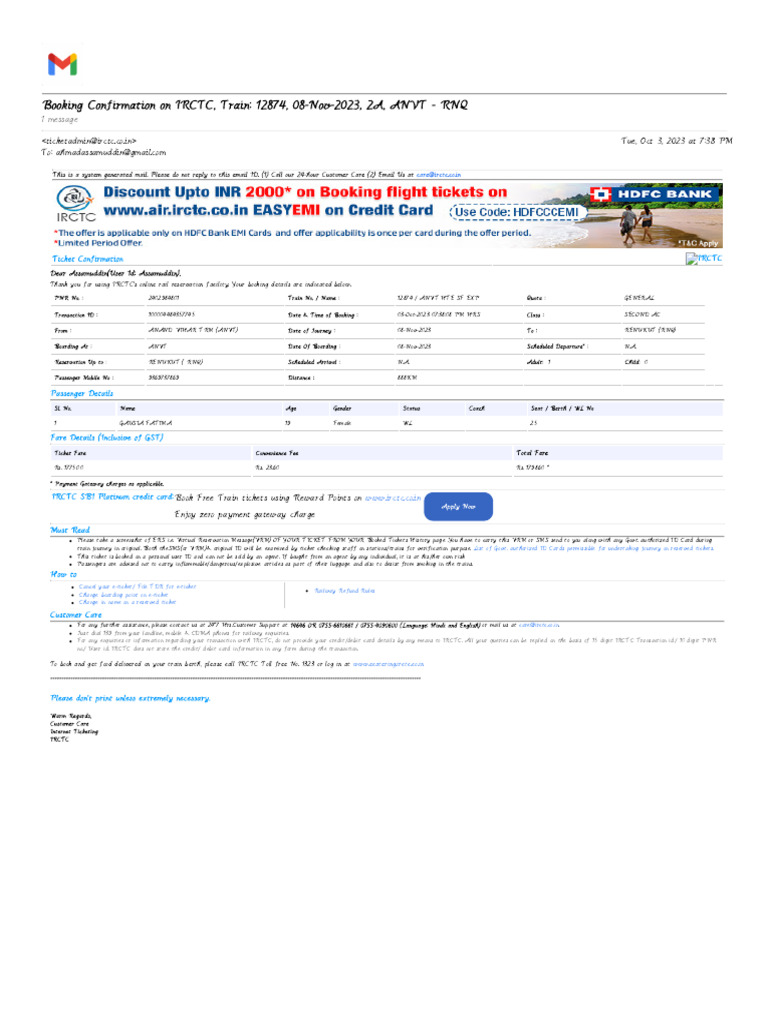 Gmail - Booking Confirmation On IRCTC, Train - 12874, 08-Nov-2023, 2A ...