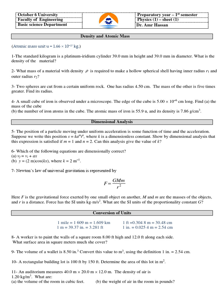 Physics (1) - Sheet | PDF | Volume | Mass