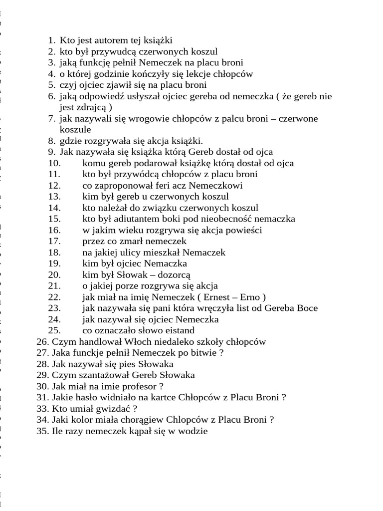 Pytania Do Lektury Chłopcy Z Palcu Broni | PDF
