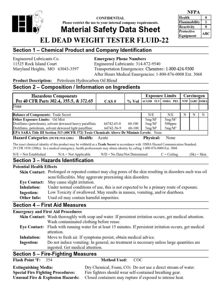EL Dead Weight Tester Fluid-22 MSDS | PDF | Science & Mathematics