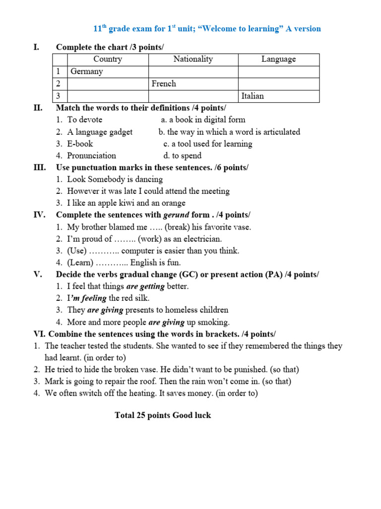11th Grade 1-10th Unit Exam | PDF