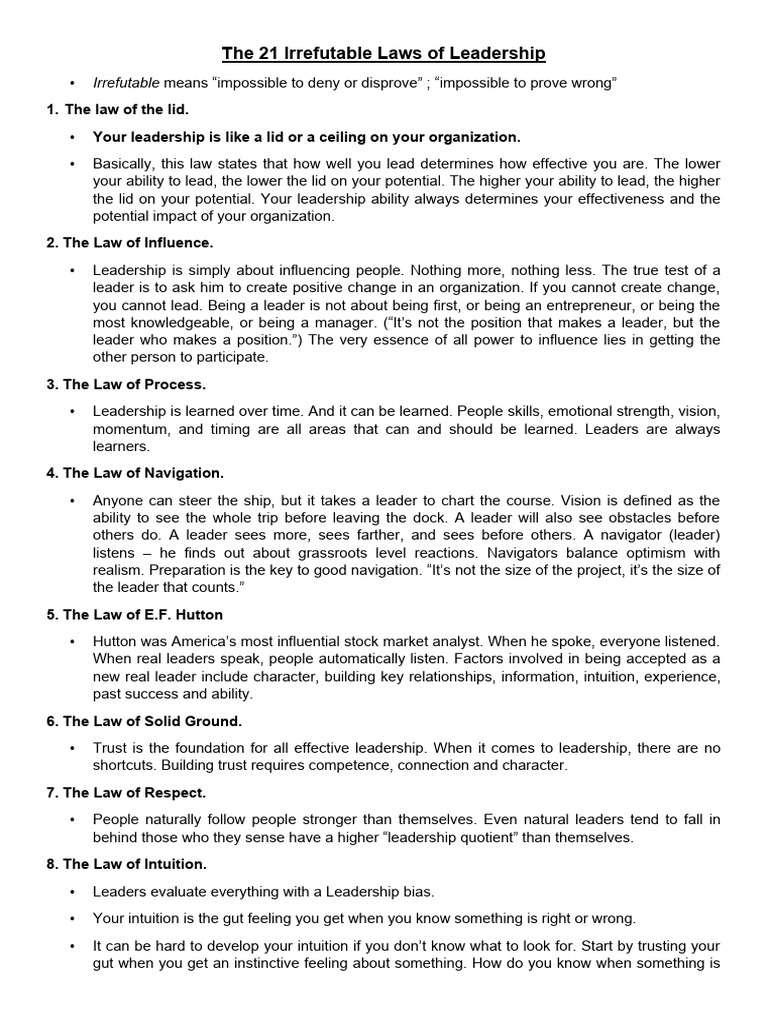 21 Irrefutable Laws of Leadership | PDF