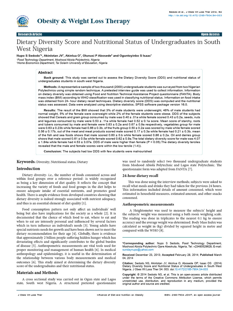 Dietary Diversity Score and Nutritional Status of Undergraduates in ...