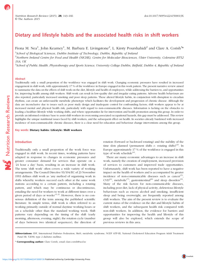Dietaryand Lifestyle Habits Andthe Associated Health Risks in Shift Workers | PDF | Shift Work ...