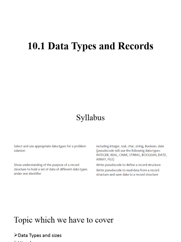 10.1 Data Types and Record | PDF | Data Type | Variable (Computer Science)
