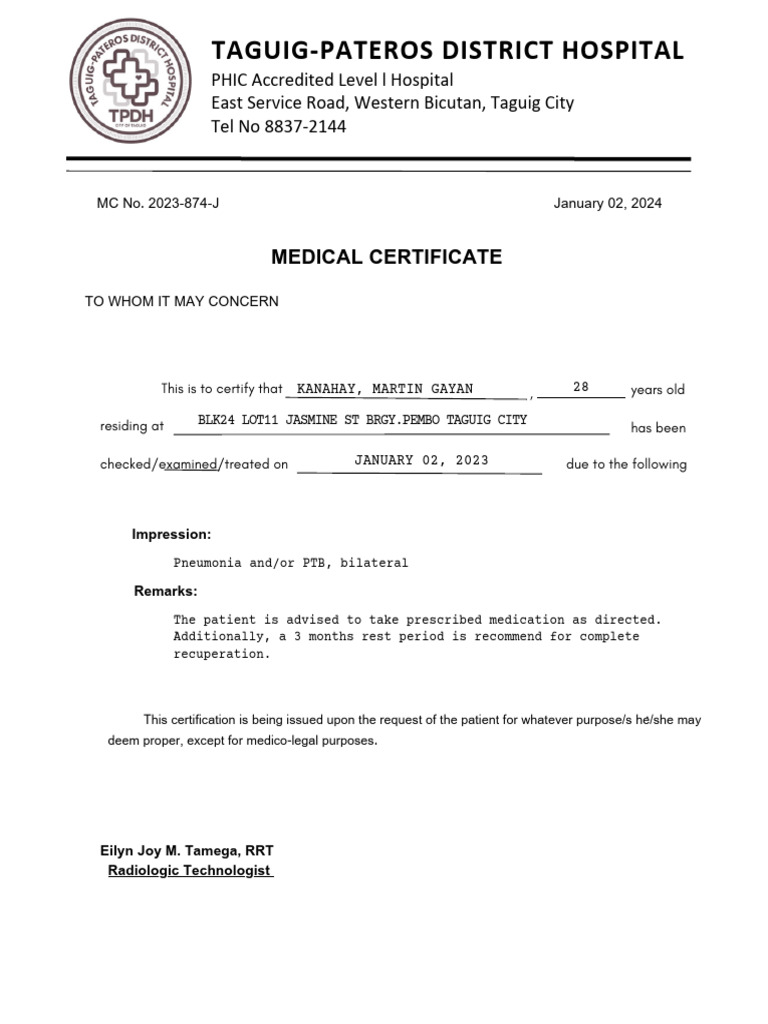 Kanahay Martin G. Medical Certificate - 20240109 - 123240 - 0000 | PDF